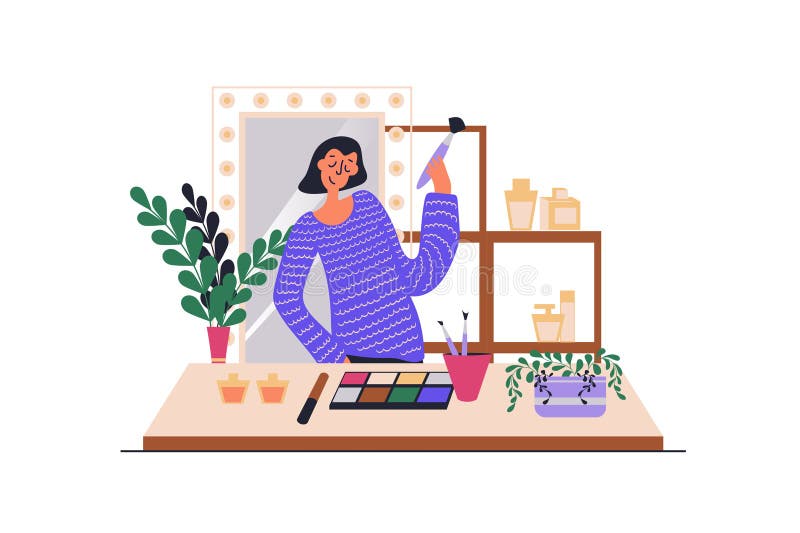 Makeup Routine Web Concept with People Scene in Flat Design. Woman ...