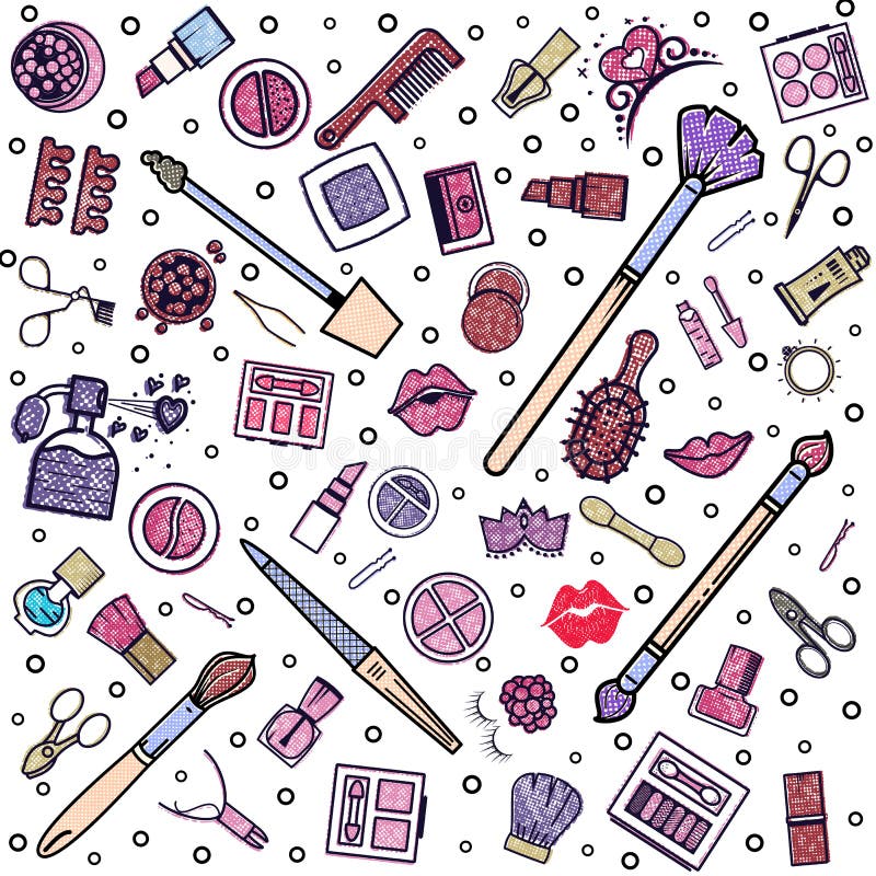 Makeup Seamless Pattern. Illustrations of Different Cosmetics. Lipstick ...