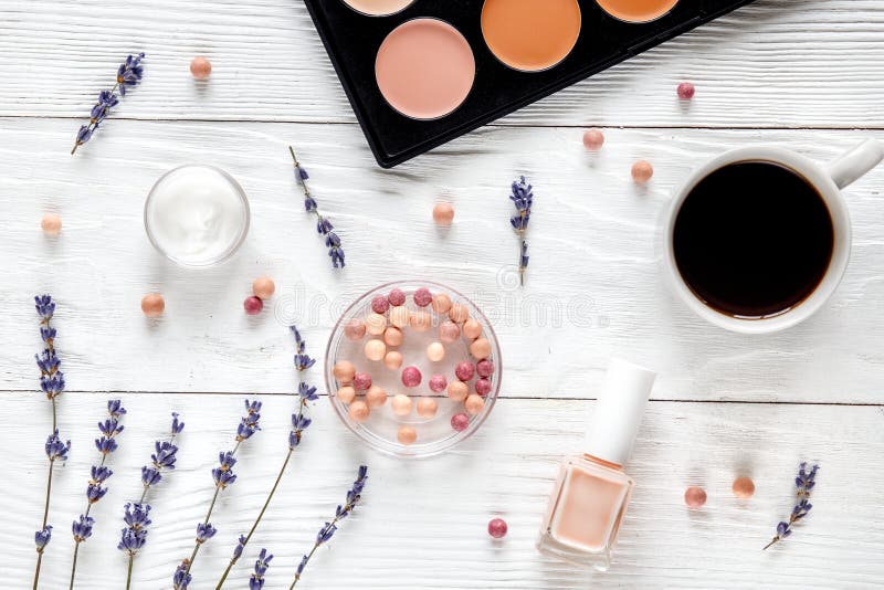 Makeup Set on White Table with Lavender Top View Stock Photo - Image of ...