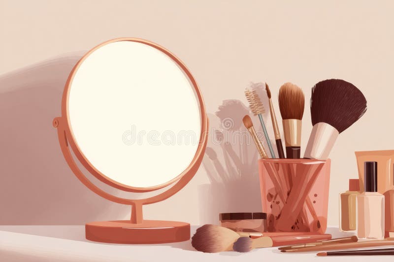 Makeup Setup Featuring a Sleek Mirror and Organized Brushes on a Clean ...