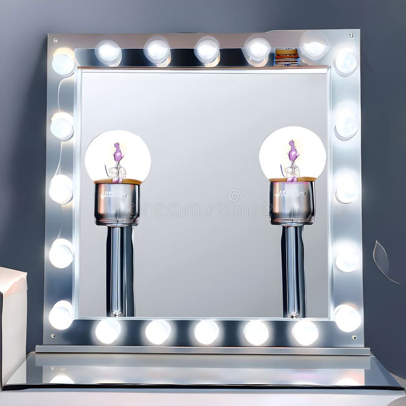 Makeup Square Mirror with Lamps Bulb Cartoon Illustration Modern Silver ...