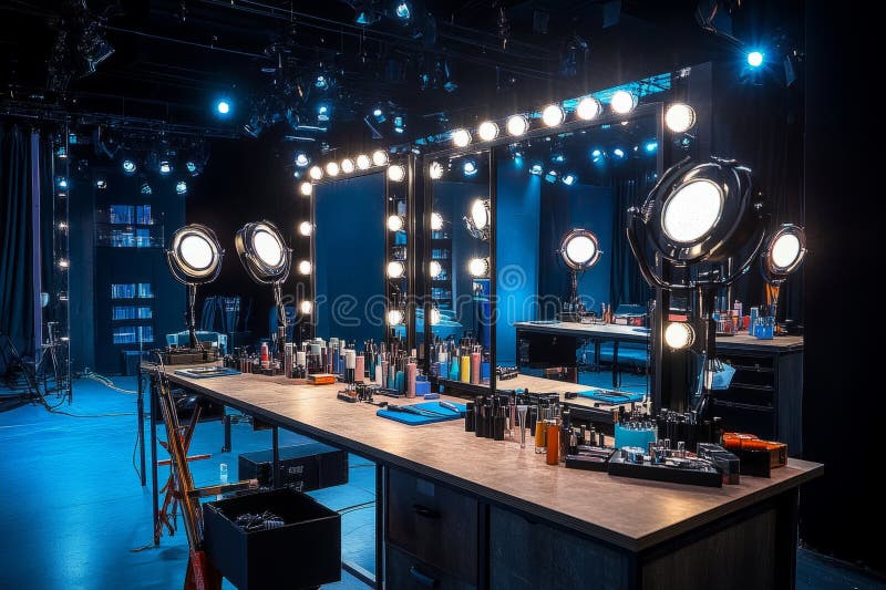 Makeup Table Illuminated by Ring Lights in a Dressing Room or Backstage ...