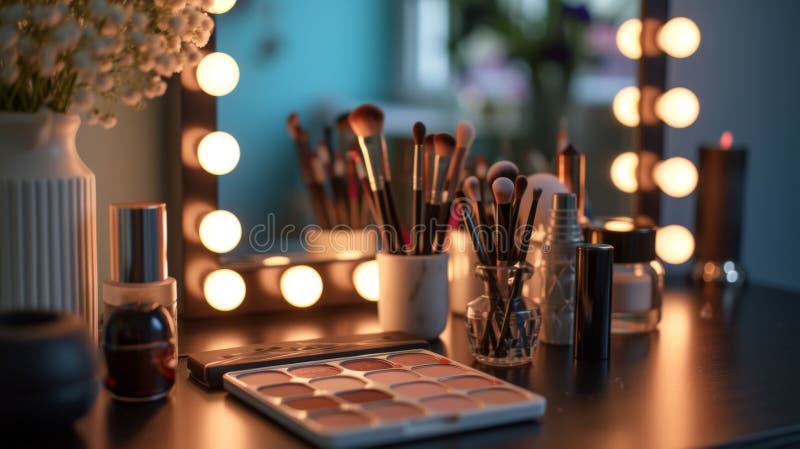 A Makeup Table with a Mirror and Brushes on it, AI Stock Photo - Image ...
