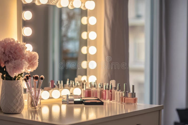 Makeup Table with Mirror and Cosmetics Stock Illustration ...