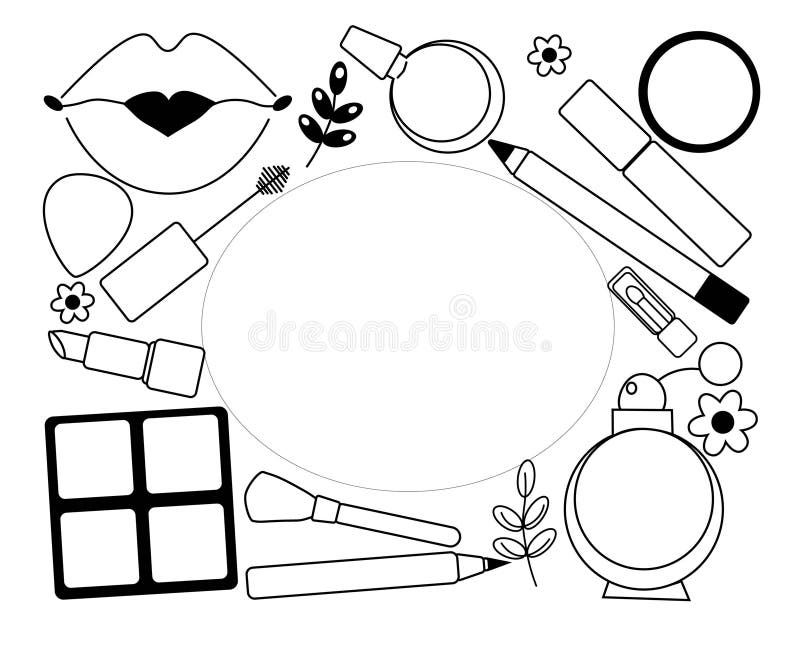 Makeup Tools Oval Frame in Rectangle Template. Vector Graphic Line ...