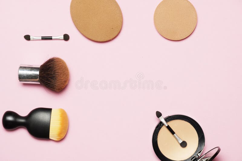 Makeup Utensils on a Pink Background. Flat Lay. Flat Design Stock Image ...