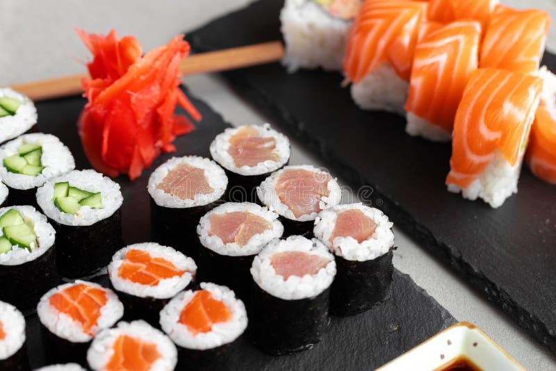 Maki Sushi Set Served on Black Stone Tray Stock Image - Image of table ...