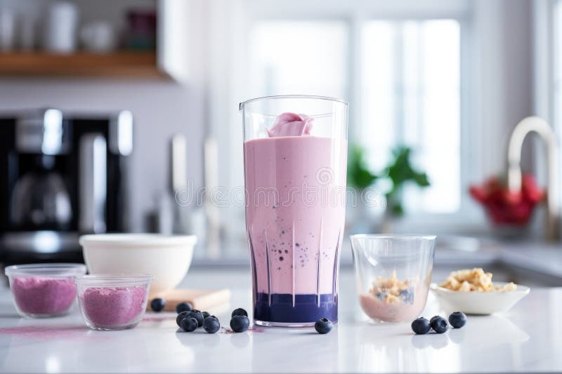 Making a Blueberry Milkshake on a Kitchen Counter Stock Illustration ...