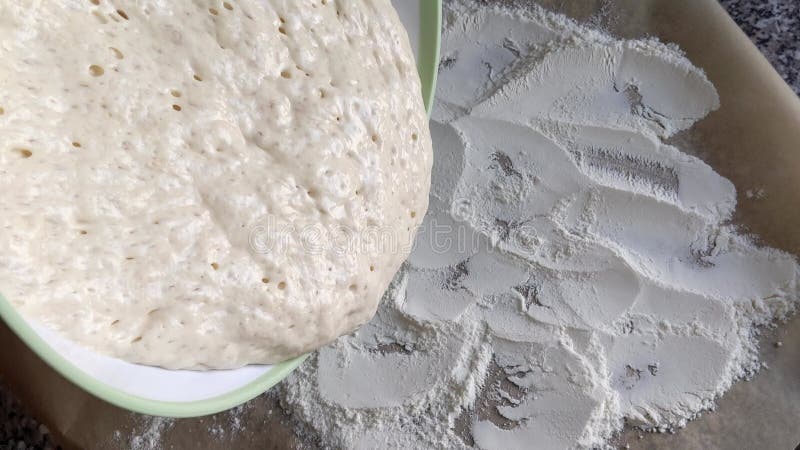 Making Bread at Home, Dropping Dough with Yeast on Baking Sheet Stock ...