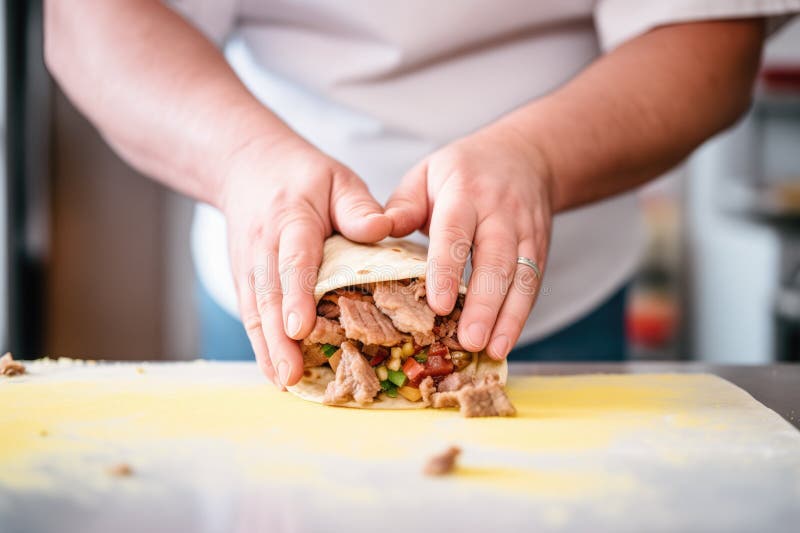 Making of a Burrito, Hands Folding Tortilla Over Filling Stock Photo ...