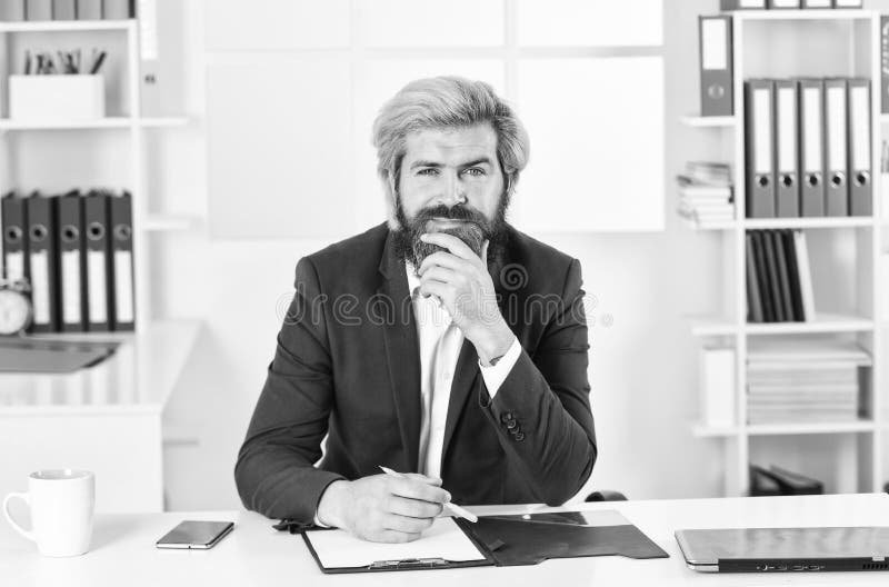 Making Business Decision. Business Solutions. Man Bearded Boss. Manager ...