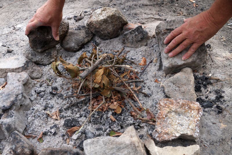 Making a Campfire on a Hike Close Up Stock Photo - Image of making ...