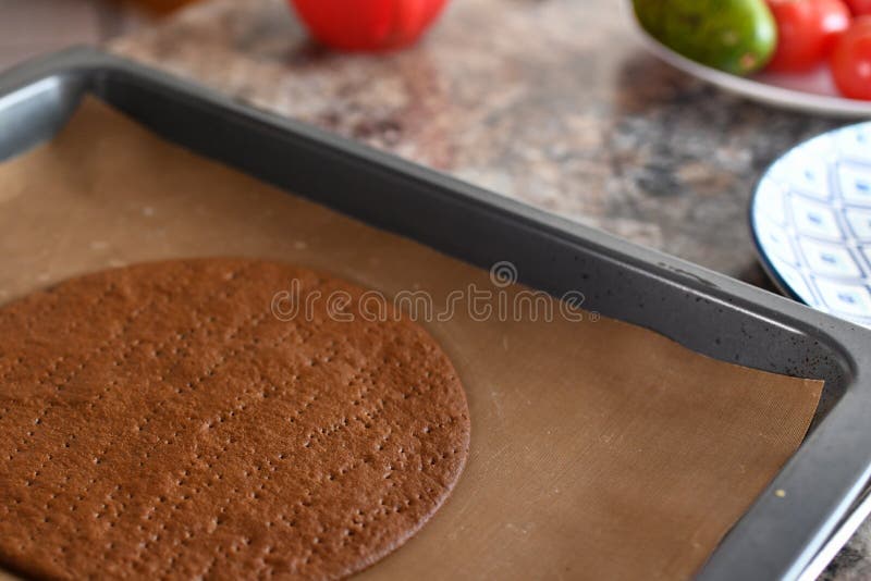 Making Chocolate Cake. Girl Bakes in the Oven in the Cake Shell Stock ...