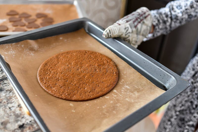 Making Chocolate Cake. Girl Bakes in the Oven in the Cake Shell Stock ...