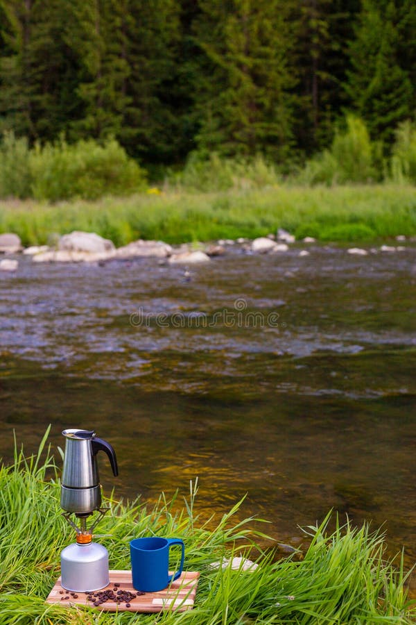 Making Coffee while Hiking in the Mountains. Stock Image - Image of ...