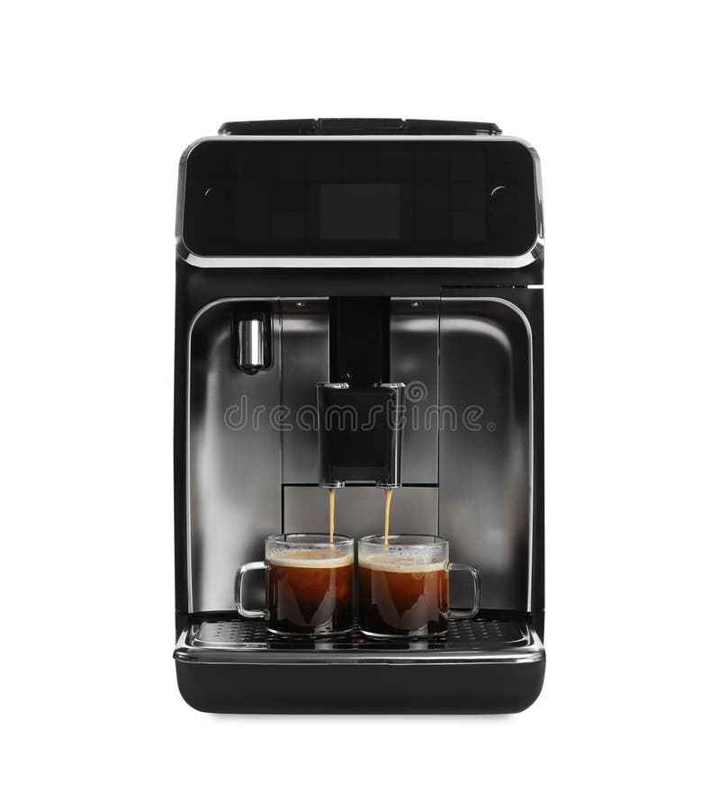 Making Coffee with Modern Espresso Machine on White Background Stock ...