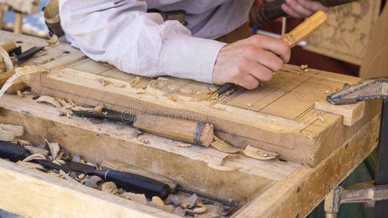 Making Craftsman Carving Wood in a Medieval Fair, Carpentry Tool Stock ...