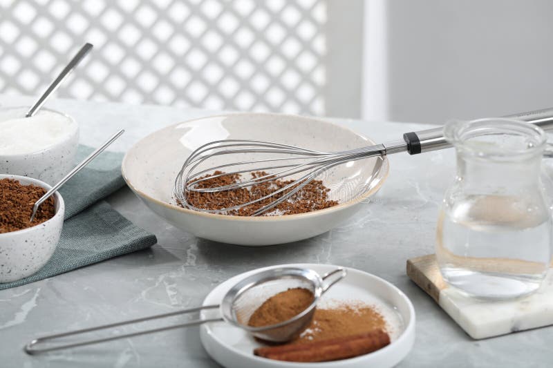 Making Dalgona Coffee. Instant Granules and Cinnamon Powder on Light ...