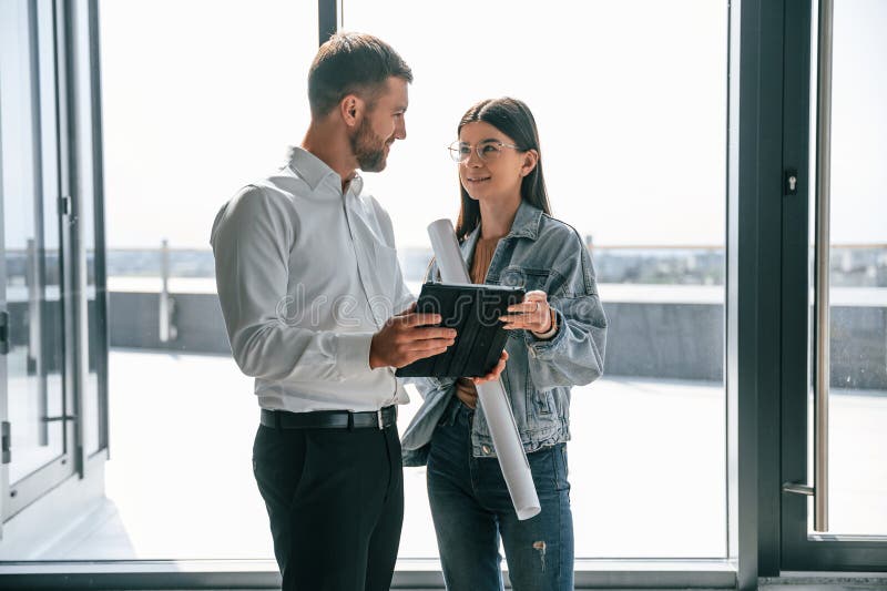 Making a Deal. Industry Workers are in the Building at Daytime Stock ...