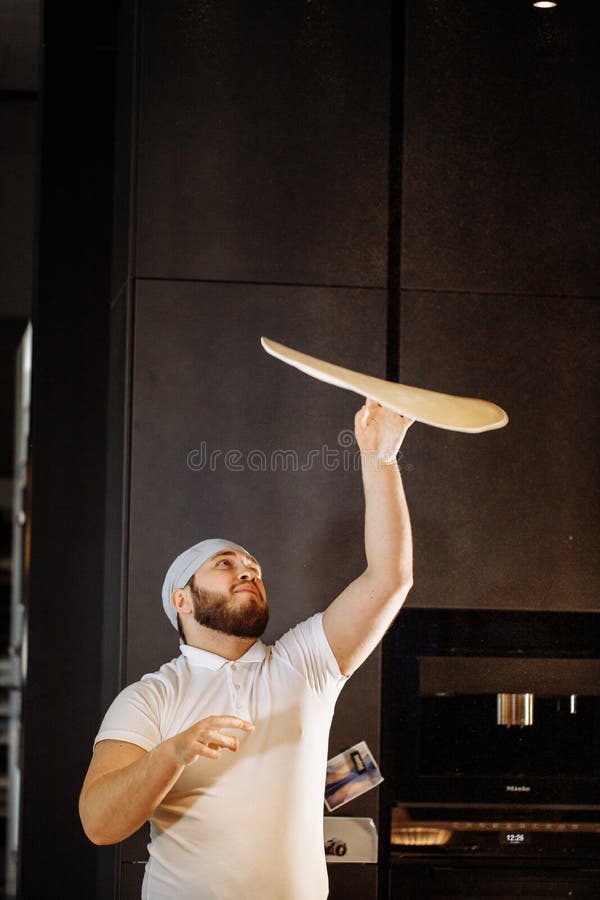 Skilled Chef Throwing Up Pizza Base Dough Stock Image - Image of expert ...