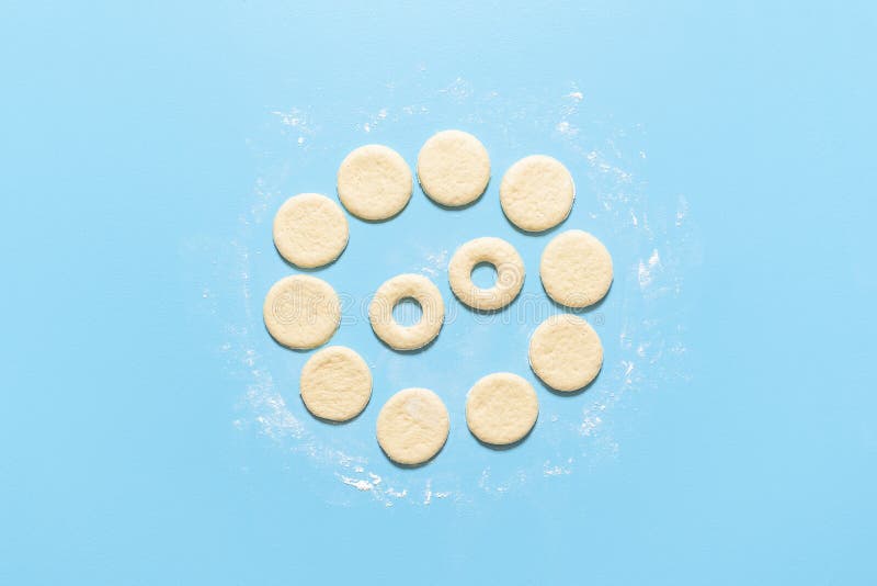 Making Doughnuts Flat Lay. Uncooked Raw Dough Prepared for Donuts Stock ...