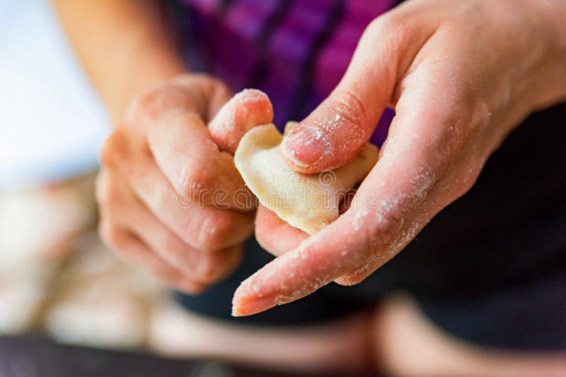 Making Dumplings with Stuffing at Cooking Master-class Stock Photo ...