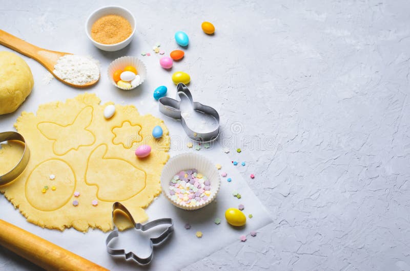 Making of Easter Cookies, Baking Background, Dough, Cookie Cutters ...