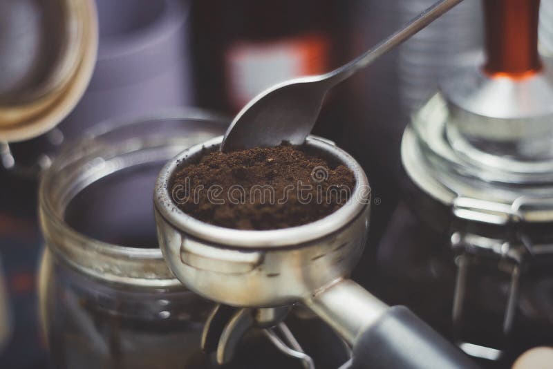 Making Espresso with Freshly Ground Coffee and Machine Stock Image ...