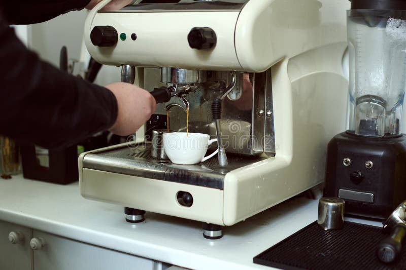 Brewing Espresso in a Steam Coffee Machine Stock Photo - Image of latte ...