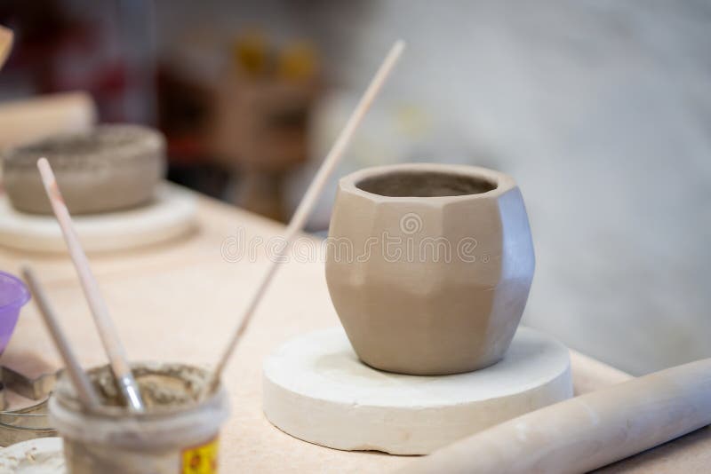 Making Faceted Vase. Handmade Clay Pottery Ceramics Drying before Being ...