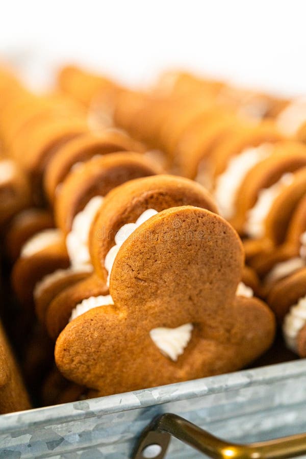 Making Festive Gingerbread Sandwiches on Rustic Wooden Table Stock ...
