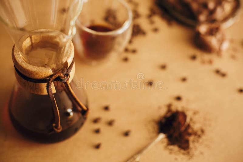 Making Filter Coffee in Glass Flask. Glass Cup with Fresh Coffee ...