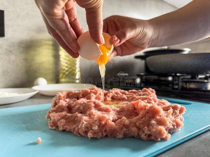Making the Force-meat at Home Hands Breaking an Egg into Minced Chicken ...