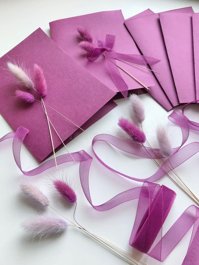 Making Greeting Cards. Paper Blanks, Ribbons and Lagurus Branches Stock ...