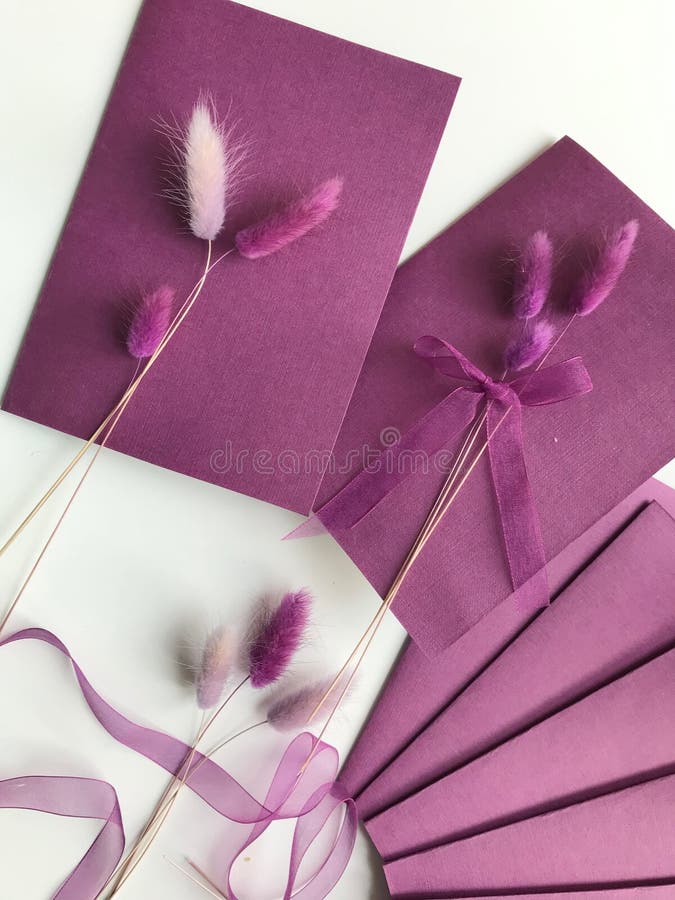 Making Greeting Cards. Paper Blanks, Ribbons and Lagurus Branches Stock ...