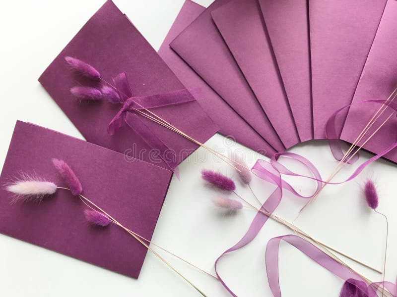 Making Greeting Cards. Paper Blanks, Ribbons and Lagurus Branches Stock ...