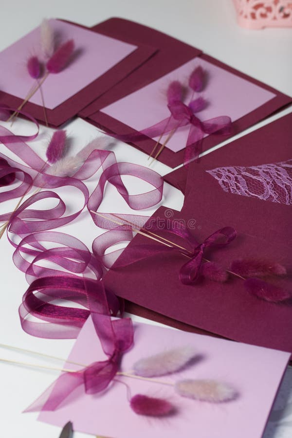 Making Greeting Cards. Paper Blanks, Ribbons and Lagurus Branches Stock ...