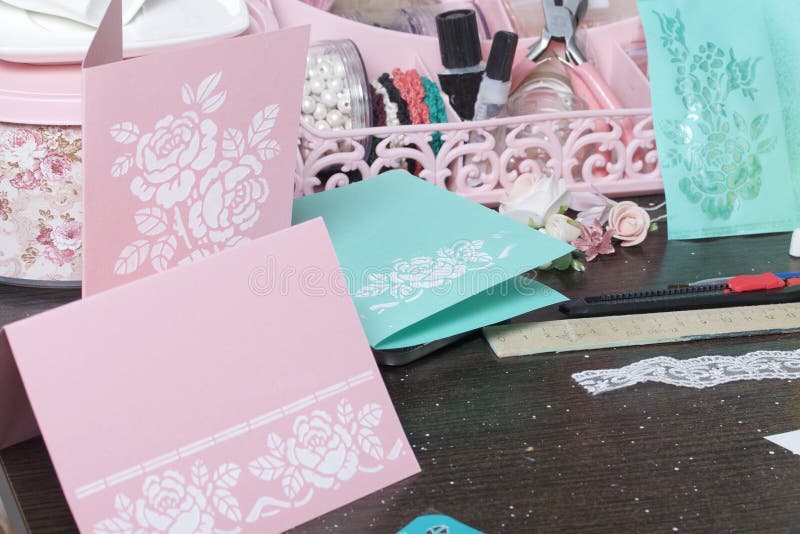 Making Greeting Cards from Paper, Cardboard and Tape Stock Image ...