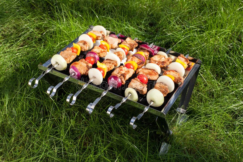Making Grilled Meat on Sticks (shashlyk) Stock Image - Image of grass ...