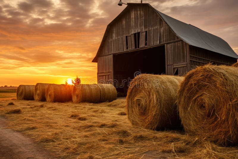 Making Hay for the Stables, Ranch at Sunset. Stock Photo - Image of ...