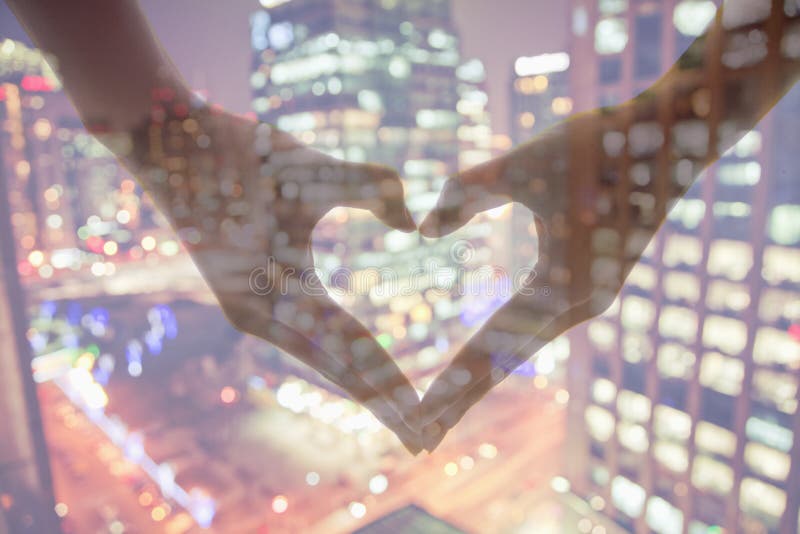 Making Heart Sign with Hands, Night View, Double Exposure Stock Image ...