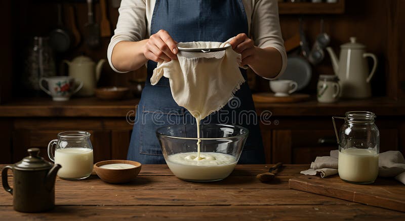 Making Homemade Cheese Straining Whey through Cheesecloth in a Kitchen ...