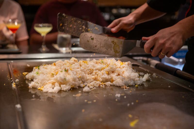Making Japanese Fried Rice stock image. Image of chopping - 370599939
