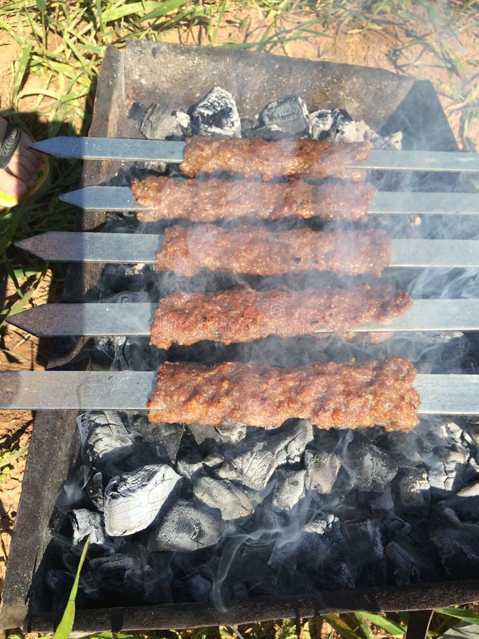 Making Kebabs from Chicken - Raw Meat on Skewers Stock Photo - Image of ...