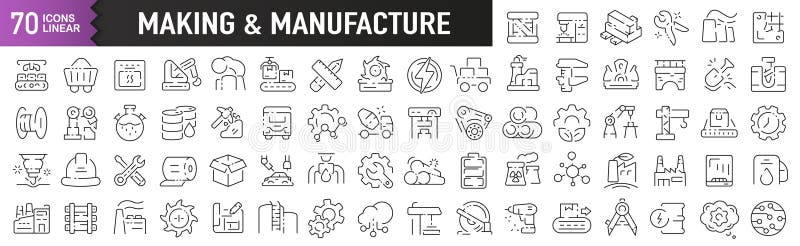 Making and Manufacture Black Linear Icons. Collection of 70 Icons in ...