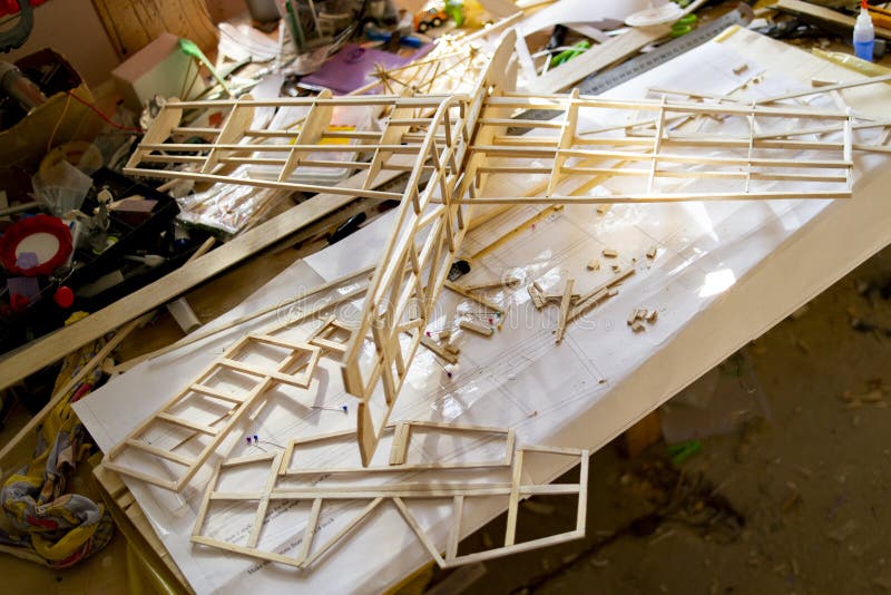 Making Model Airplane from Balsa Wood. Handcrafted on Work Table Stock ...