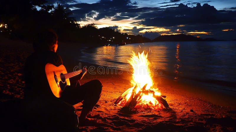 Making Music with a Guitar on a Beach, Gathered Around a Bonfire at ...