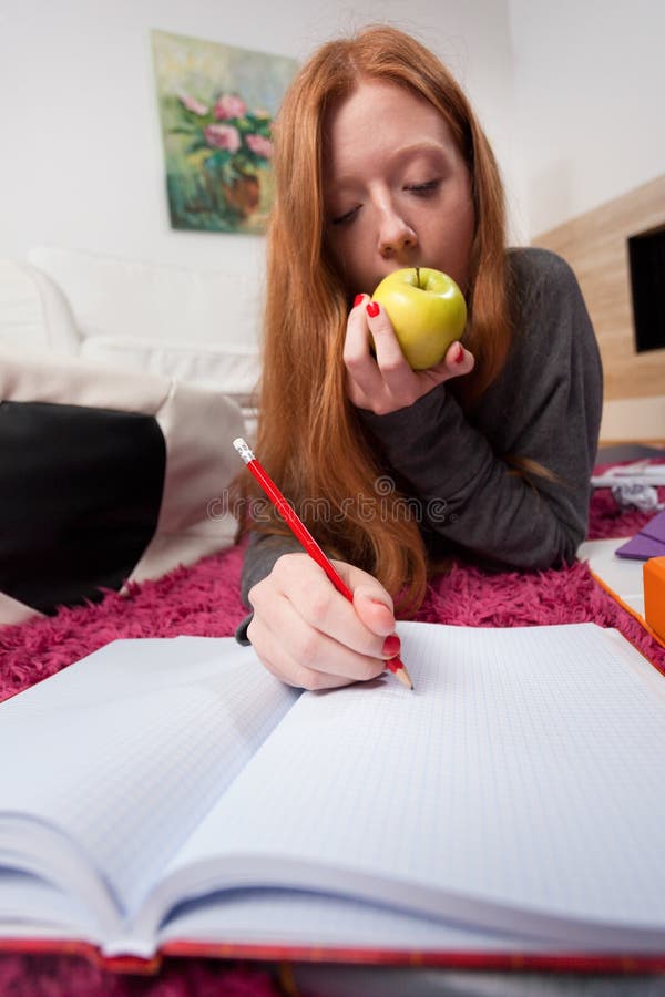 Making Notes and Eating Apple Stock Image - Image of knowledge, carpet ...