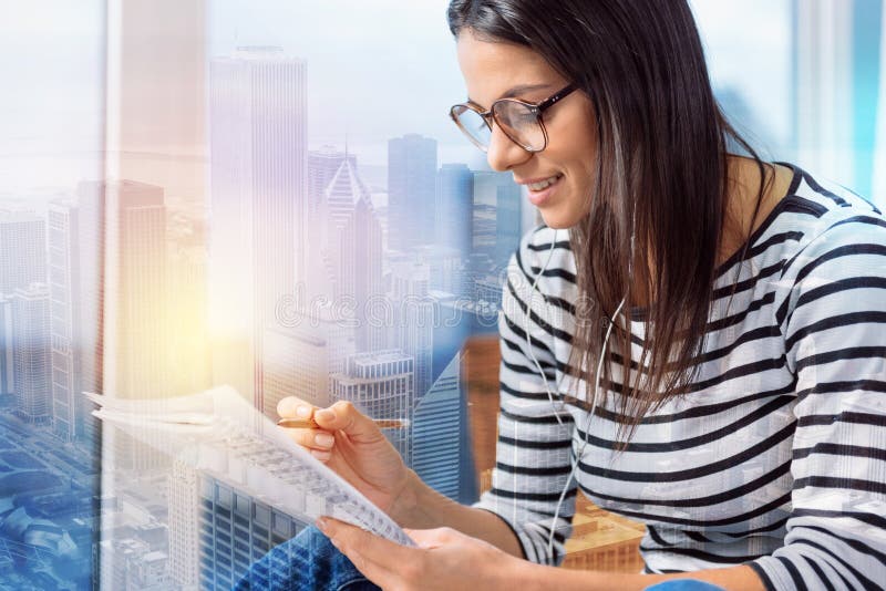 Cheerful Smiling Student Working at Her Report Stock Photo - Image of ...