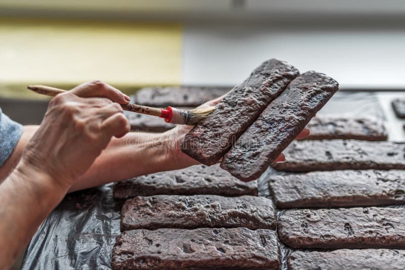 Making and Painting Decorative Bricks at Home. Handmade Work Stock ...